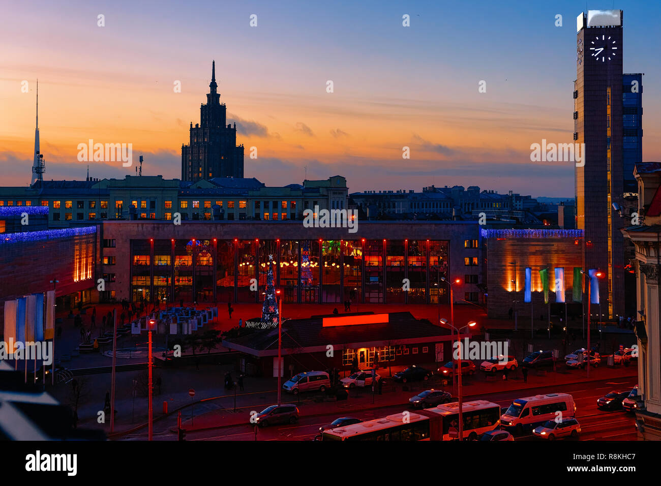 Romantic view on Railway station tower and Stalinist skyscraper of ...