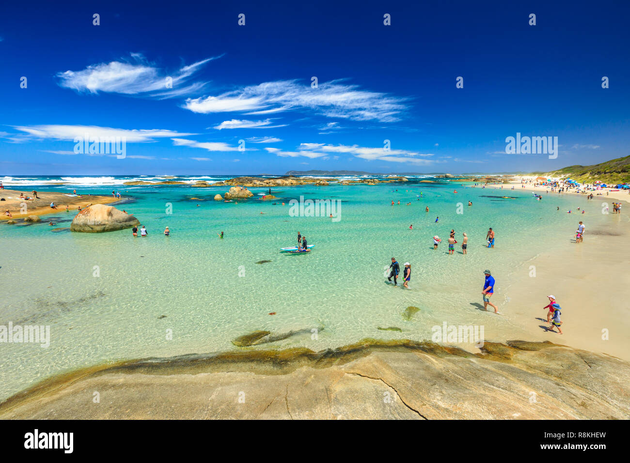 Denmark, Western Australia - Dec 30, 2017: people swimming and canoeing ...