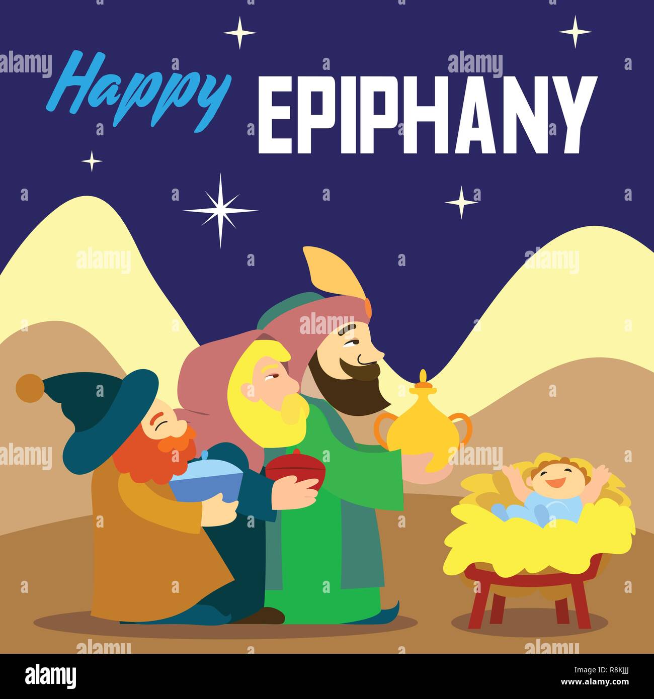 Happy epiphany three king concept background. Cartoon illustration of ...