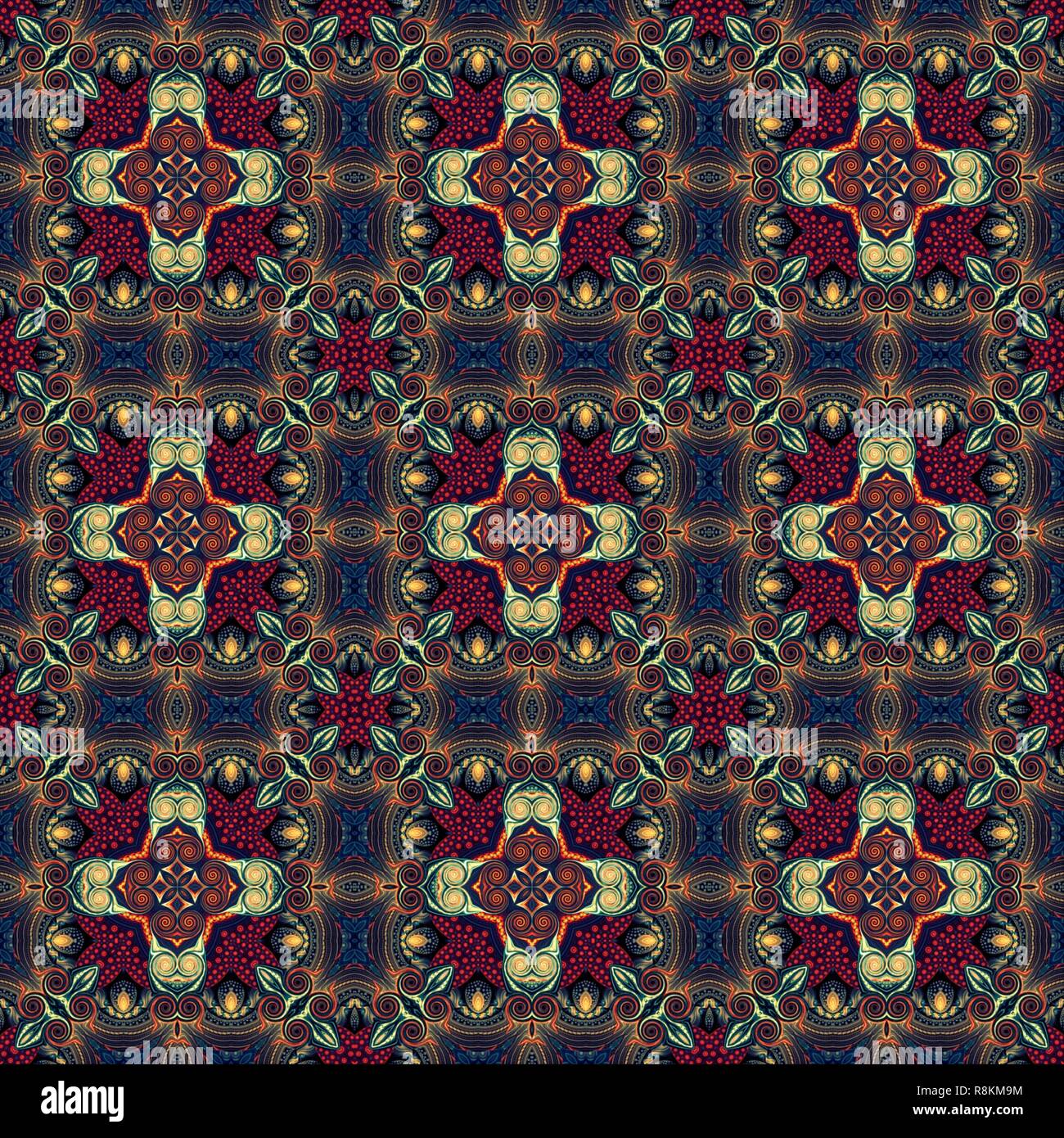 Seamless raster pattern in oriental style Flower psychedelic mosaic ...