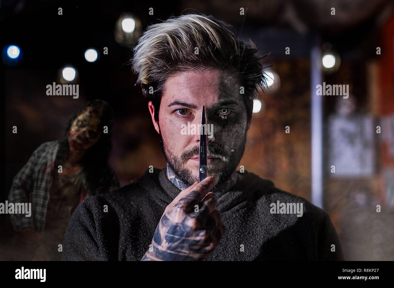 zombie barber holding scissors Stock Photo - Alamy