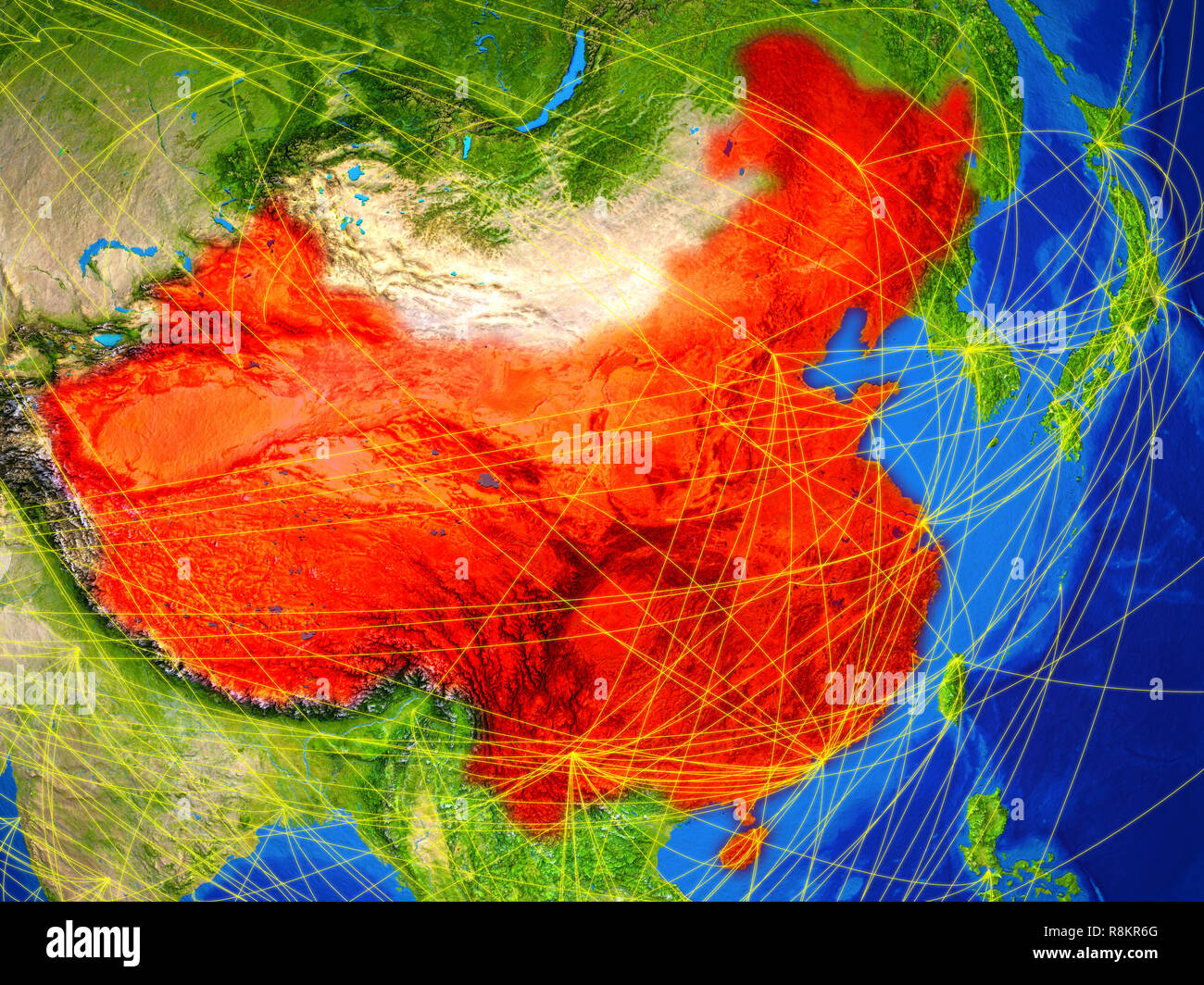 China from space on model of planet Earth with networks. Detailed ...