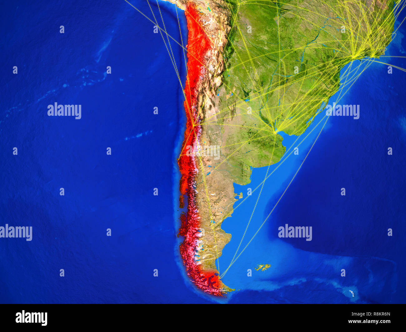 Chile from space on model of planet Earth with networks. Detailed ...