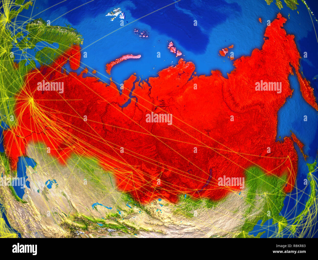 Russia from space on model of planet Earth with networks. Detailed ...