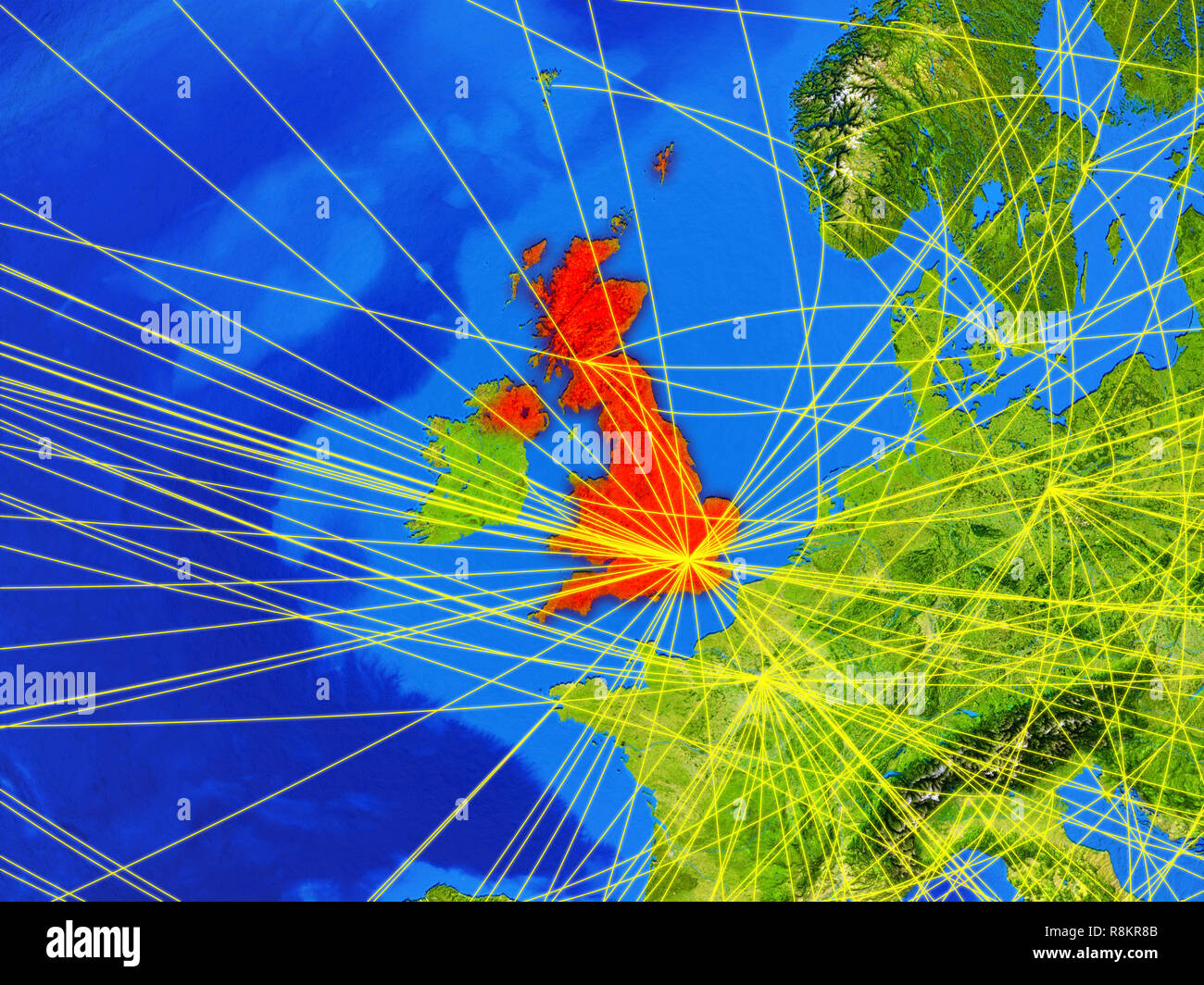 United Kingdom from space on model of planet Earth with networks ...