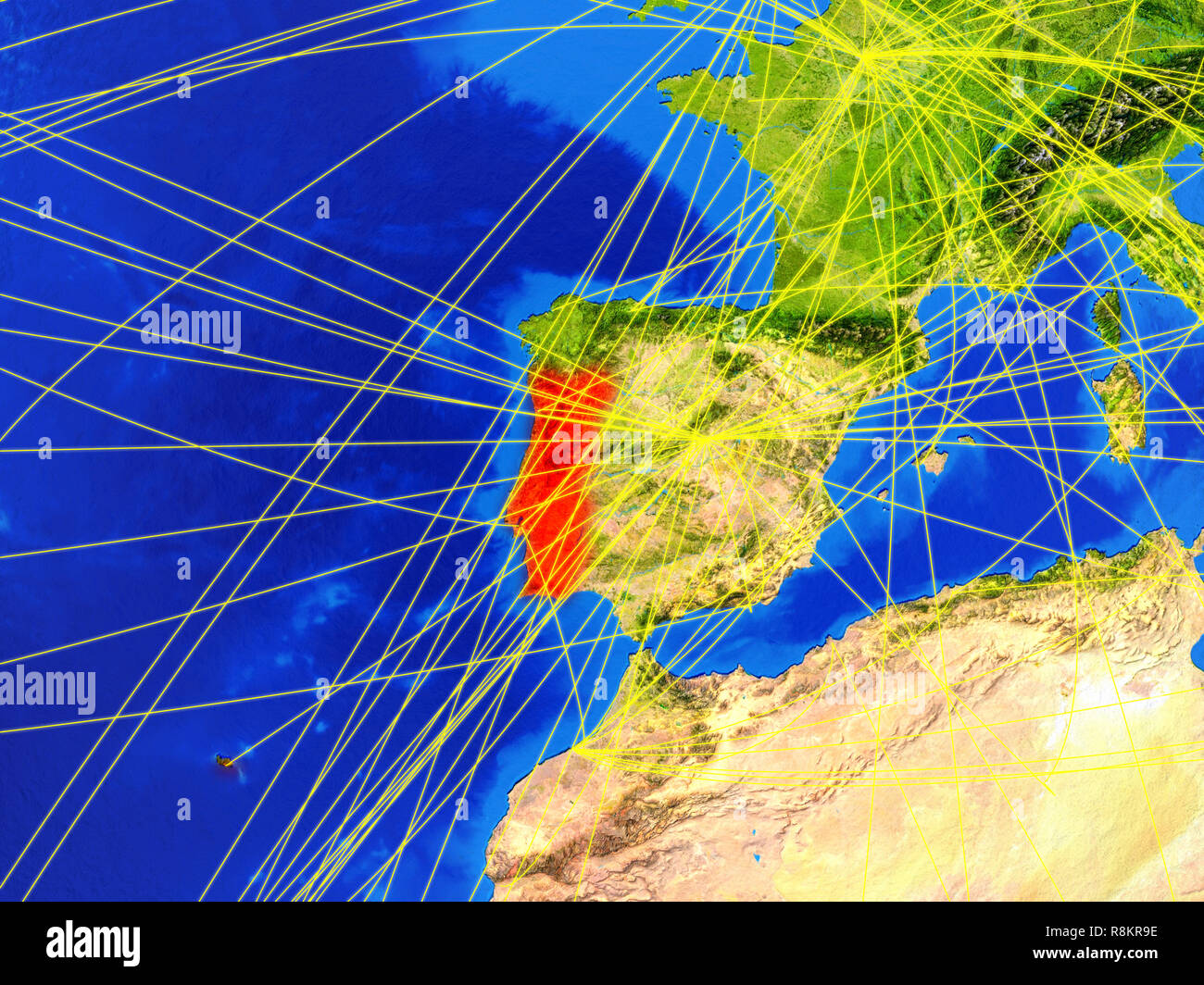 Portugal from space on model of planet Earth with networks. Detailed ...