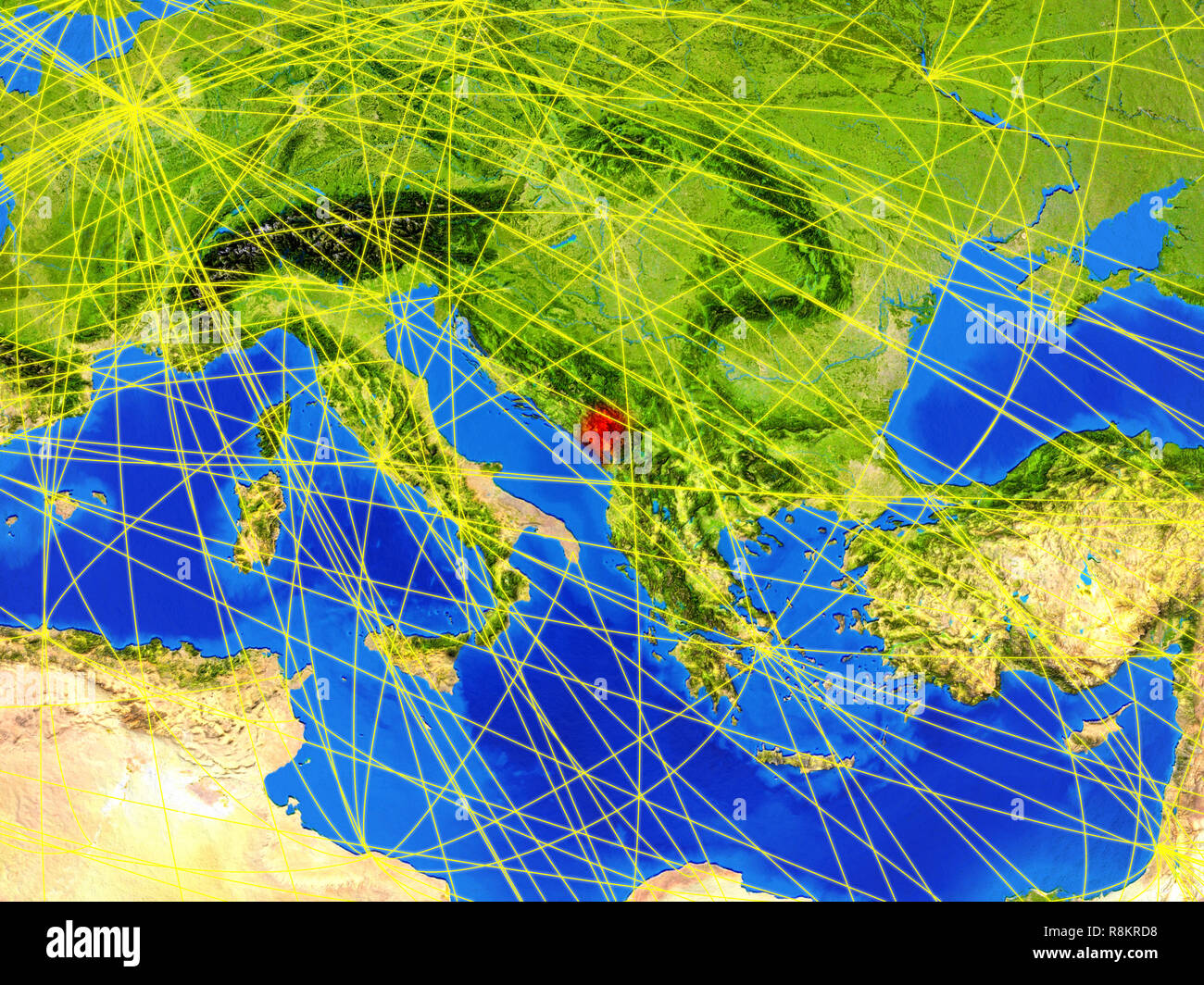 Montenegro from space on model of planet Earth with networks. Detailed ...