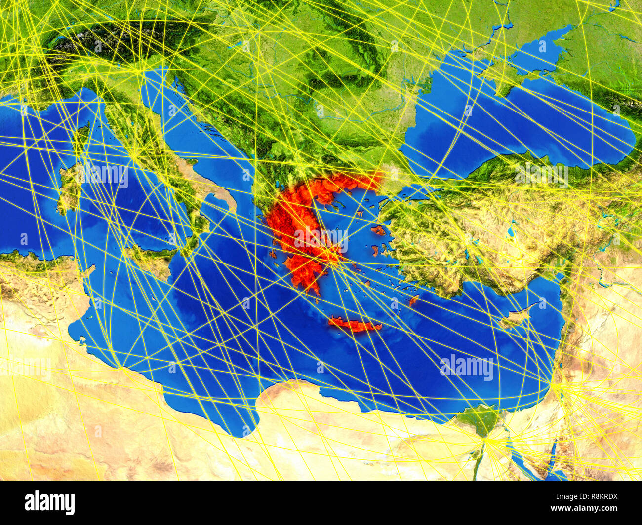 Greece from space on model of planet Earth with networks. Detailed ...
