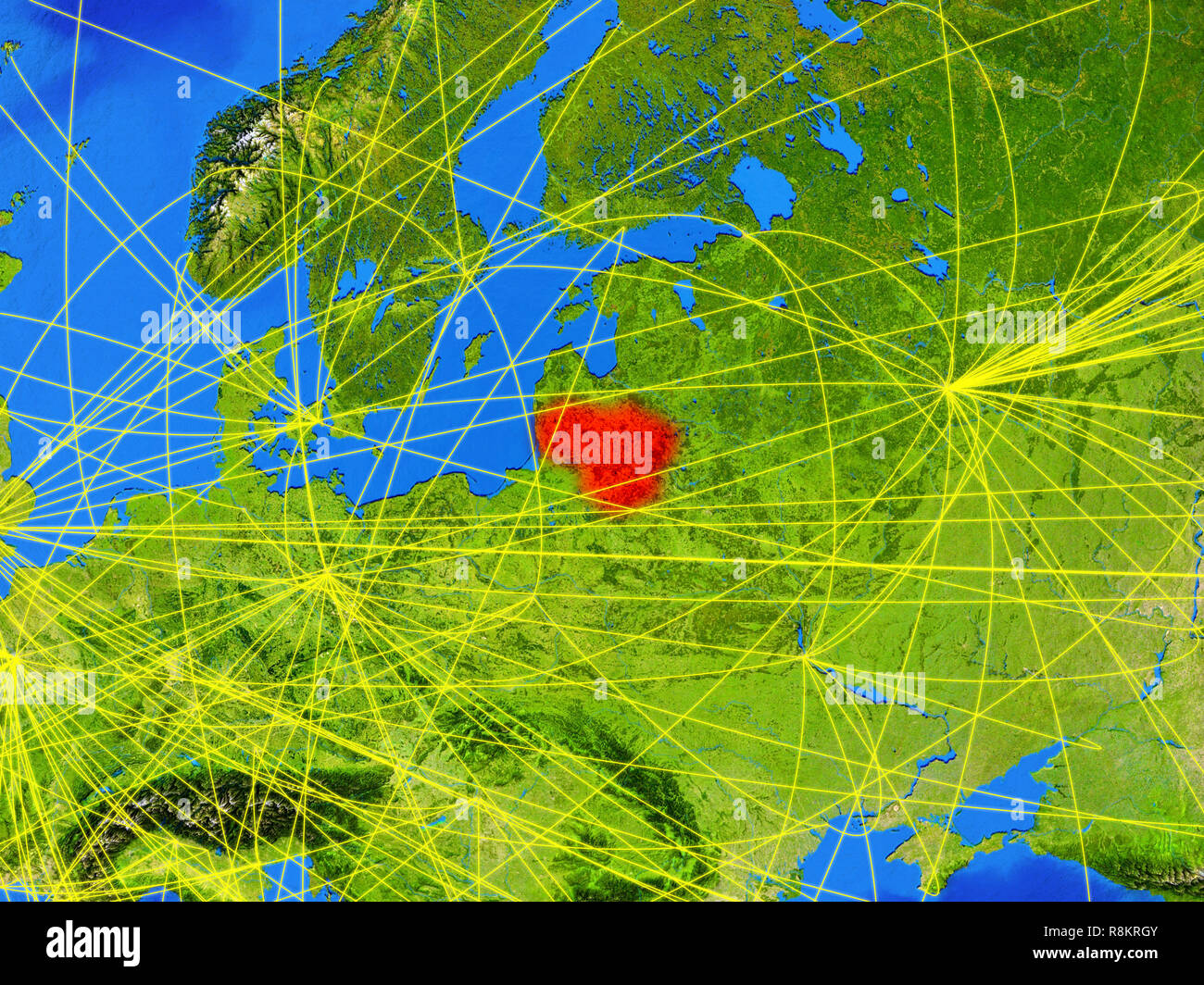 Lithuania from space on model of planet Earth with networks. Detailed ...