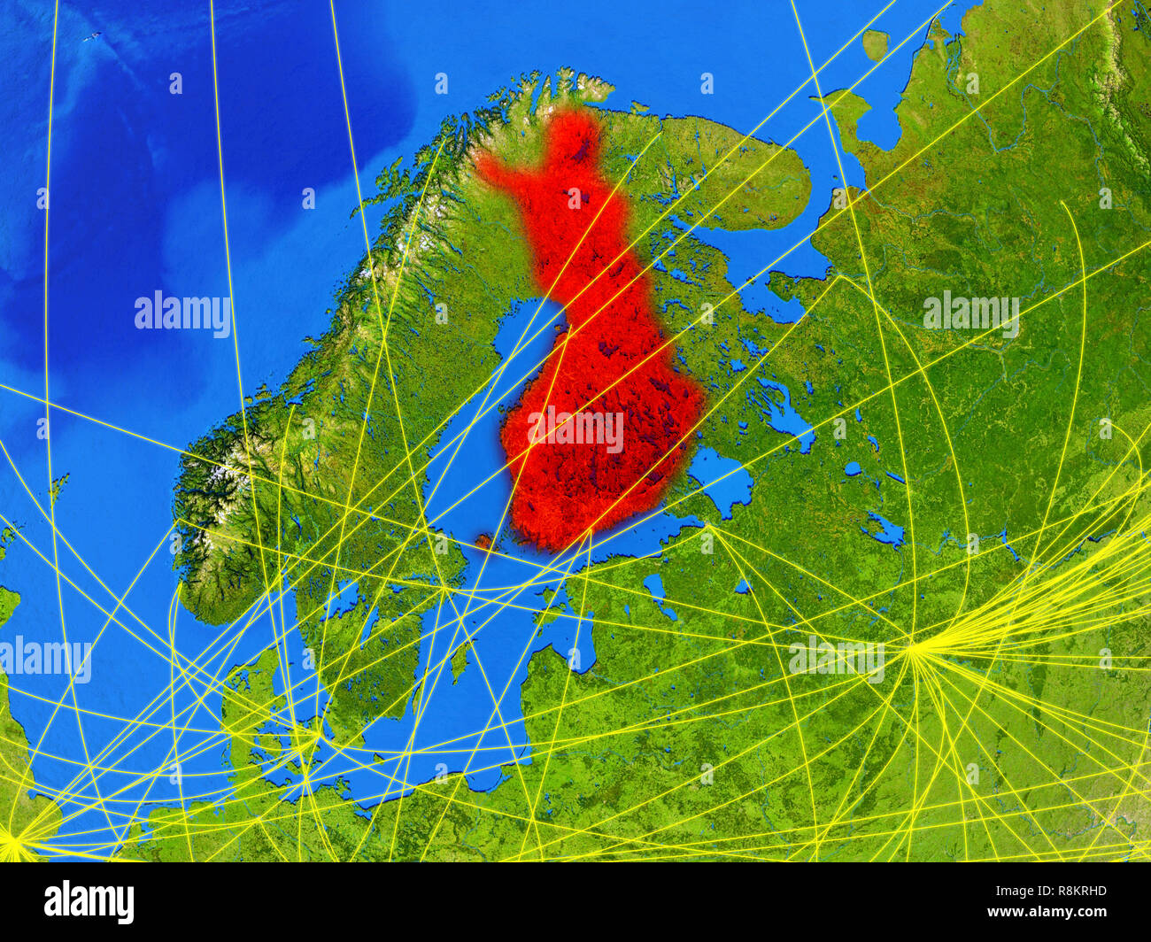 Finland from space on model of planet Earth with networks. Detailed ...