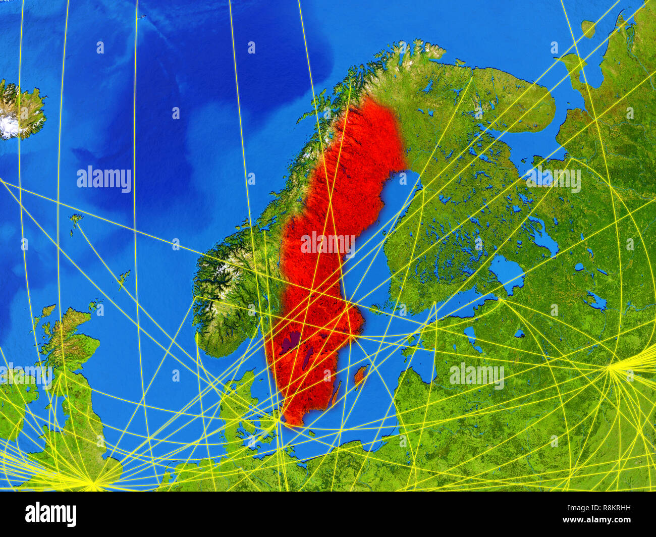 Sweden from space on model of planet Earth with networks. Detailed ...