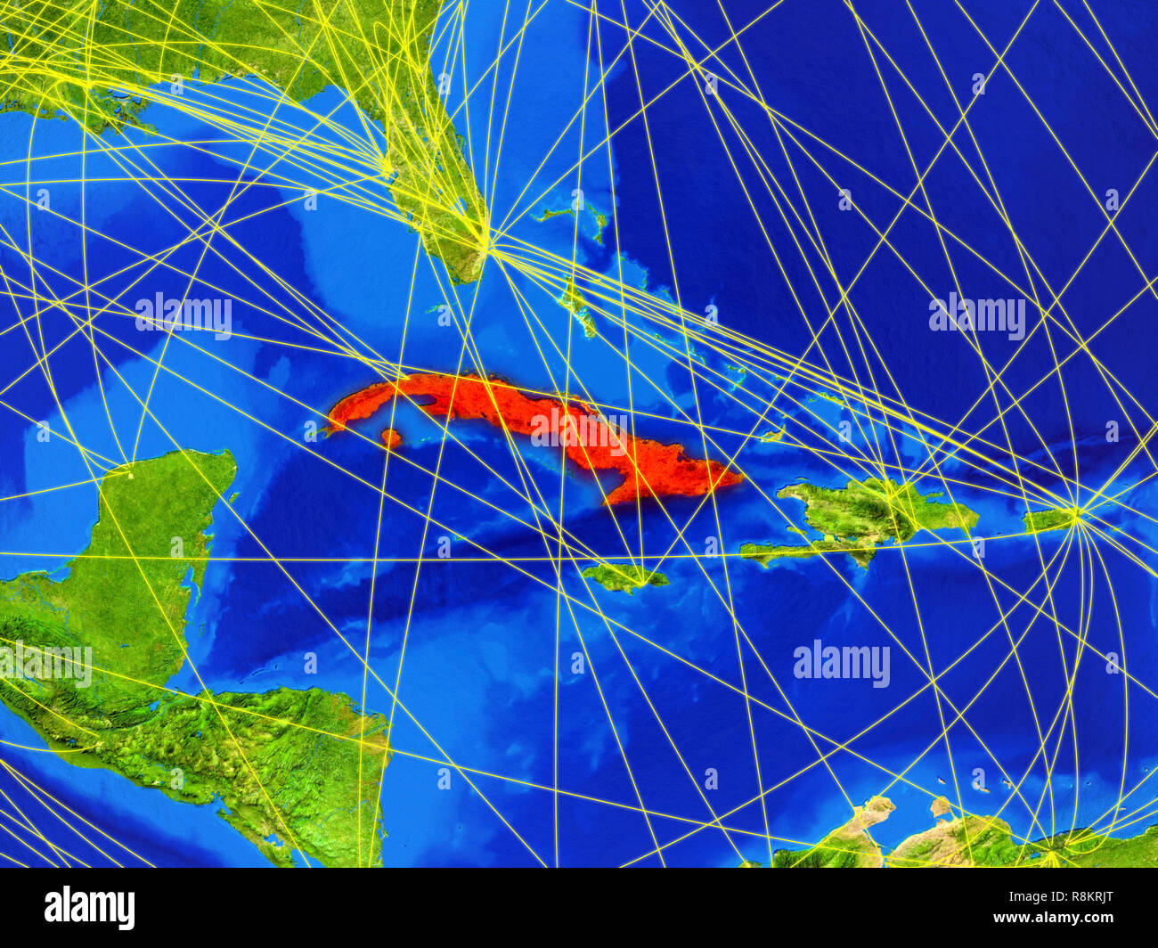 Cuba from space on model of planet Earth with networks. Detailed planet ...