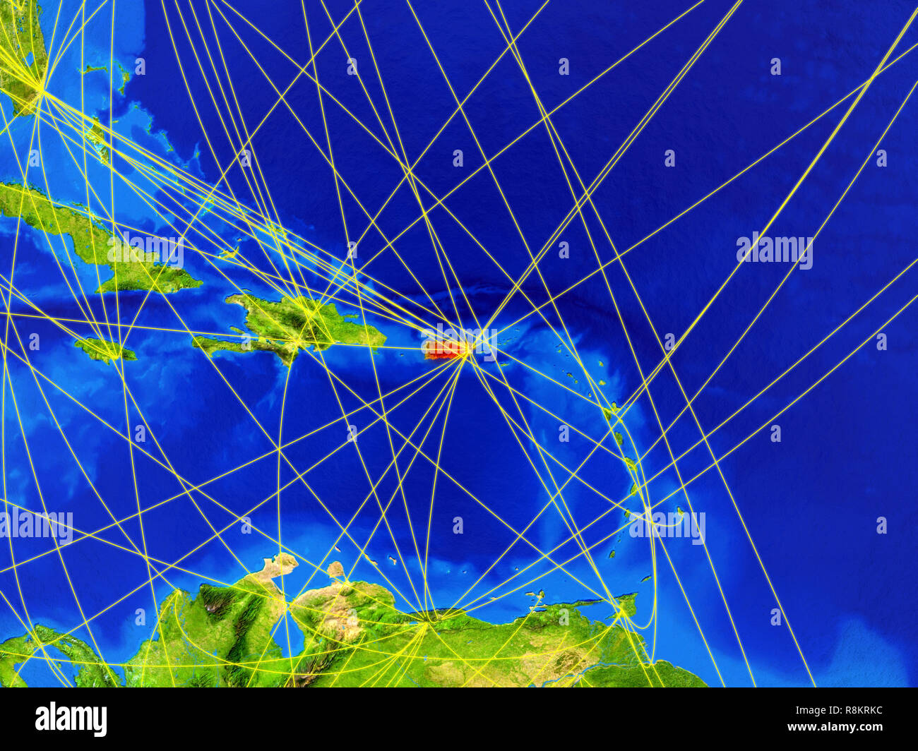 Puerto Rico from space on model of planet Earth with networks. Detailed ...