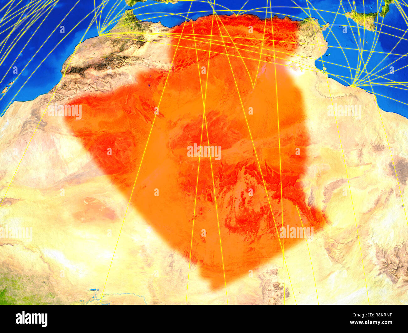 Algeria from space on model of planet Earth with networks. Detailed ...