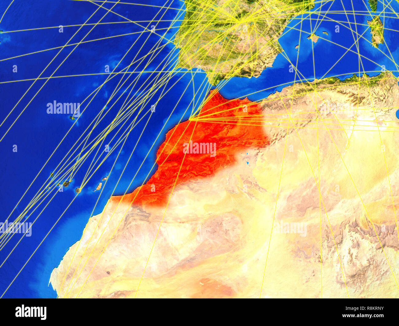 Morocco from space on model of planet Earth with networks. Detailed ...