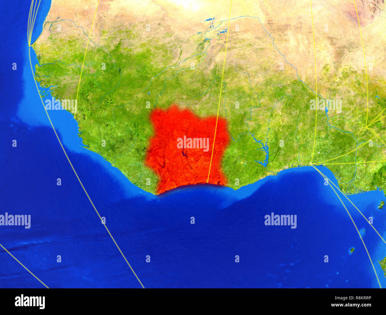 Ivory Coast from space on model of planet Earth with networks. Detailed ...