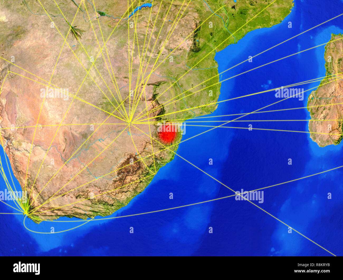 eSwatini from space on model of planet Earth with networks. Detailed ...