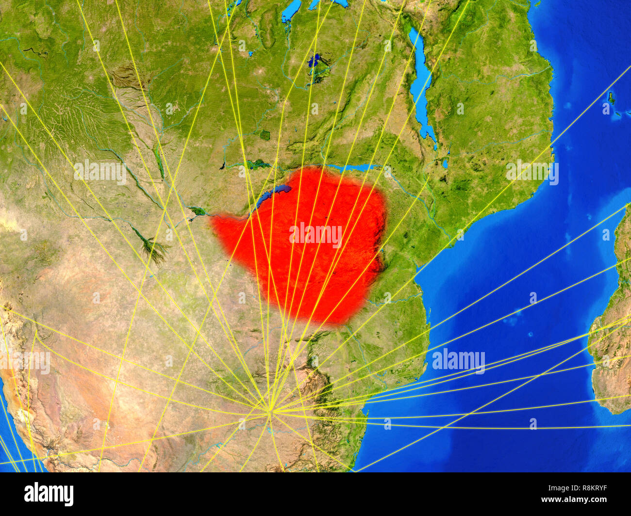 Zimbabwe from space on model of planet Earth with networks. Detailed ...