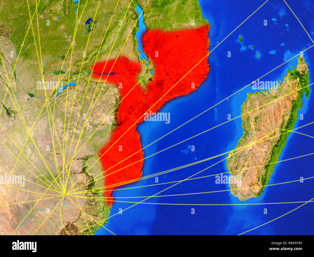 Mozambique from space on model of planet Earth with networks. Detailed ...