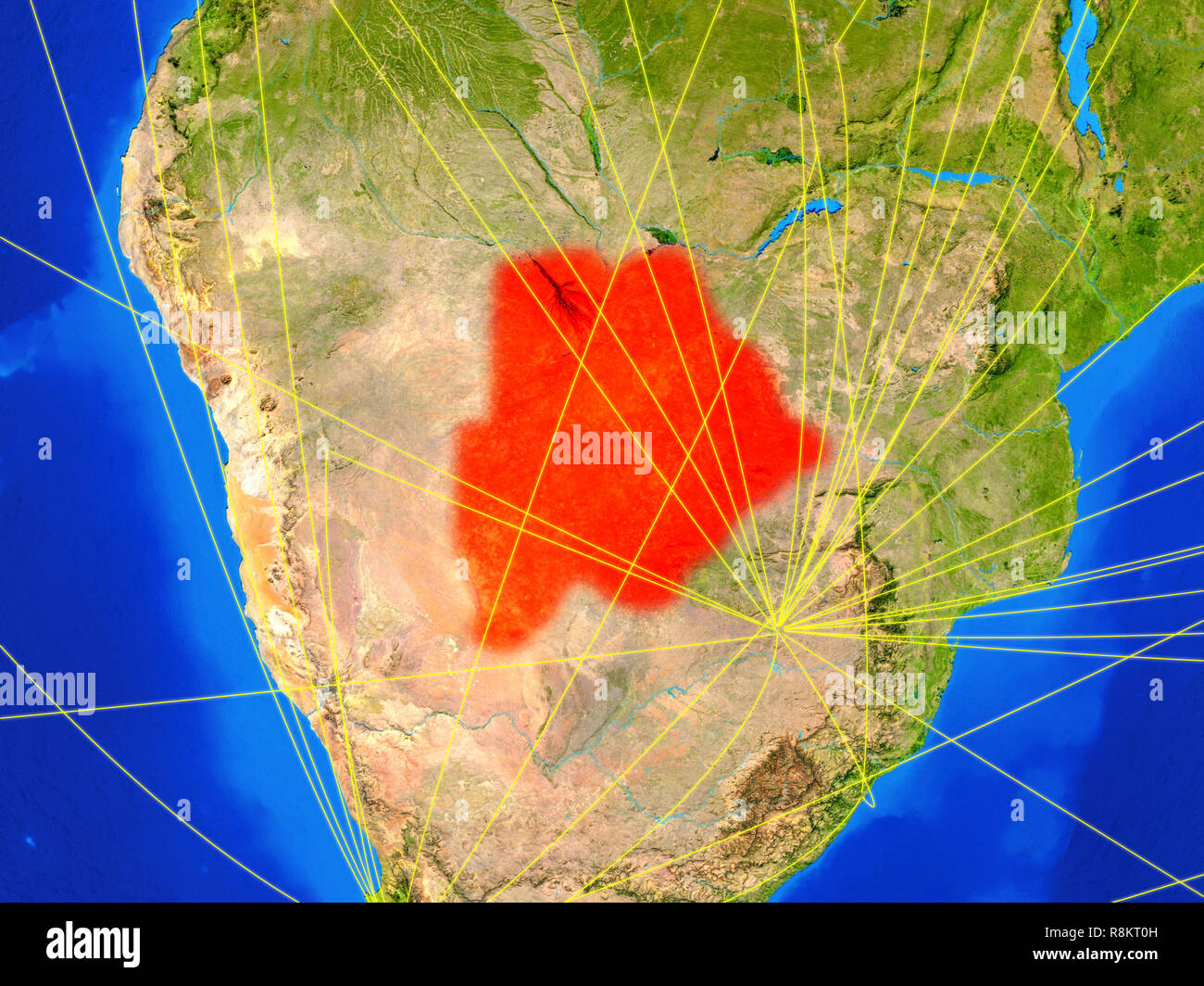 Botswana from space on model of planet Earth with networks. Detailed ...