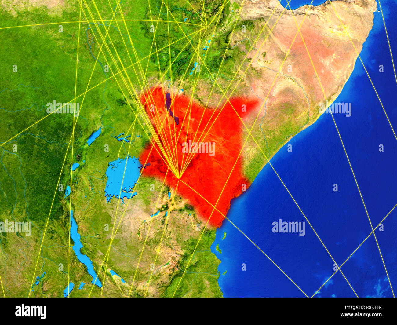 Kenya from space on model of planet Earth with networks. Detailed ...