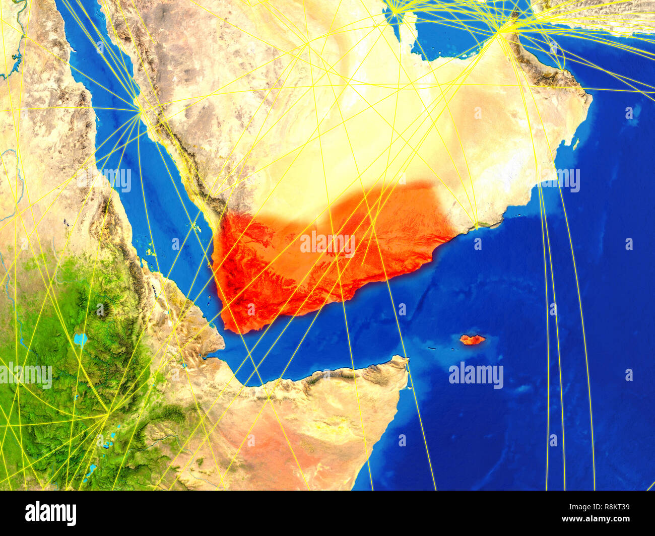 Yemen from space on model of planet Earth with networks. Detailed ...