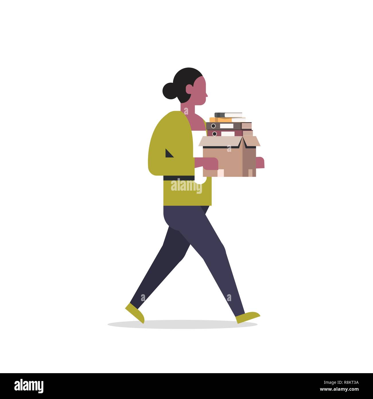 african american businesswoman carrying paper box stack of documents ...