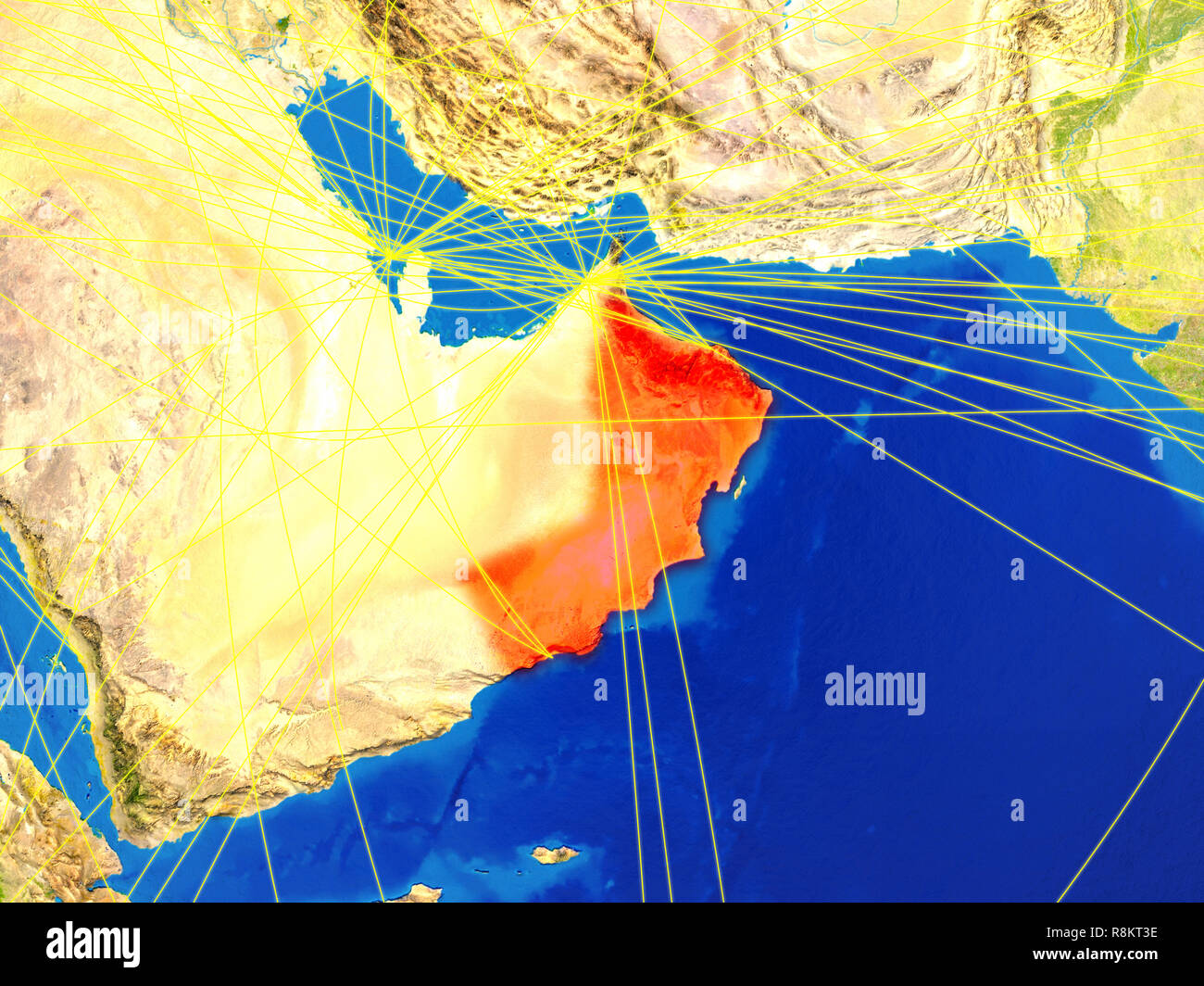 Oman from space on model of planet Earth with networks. Detailed planet ...