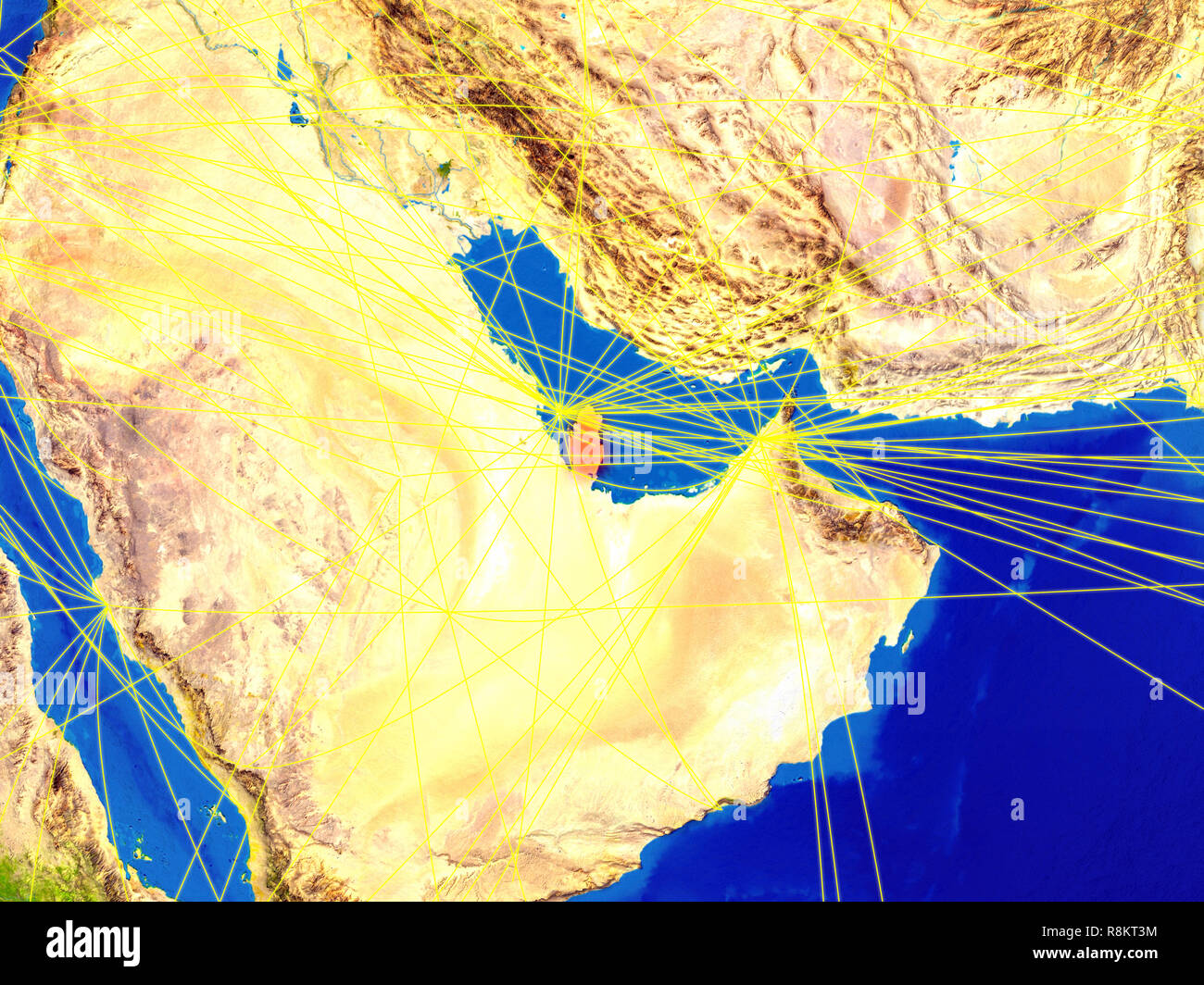 Qatar from space on model of planet Earth with networks. Detailed ...