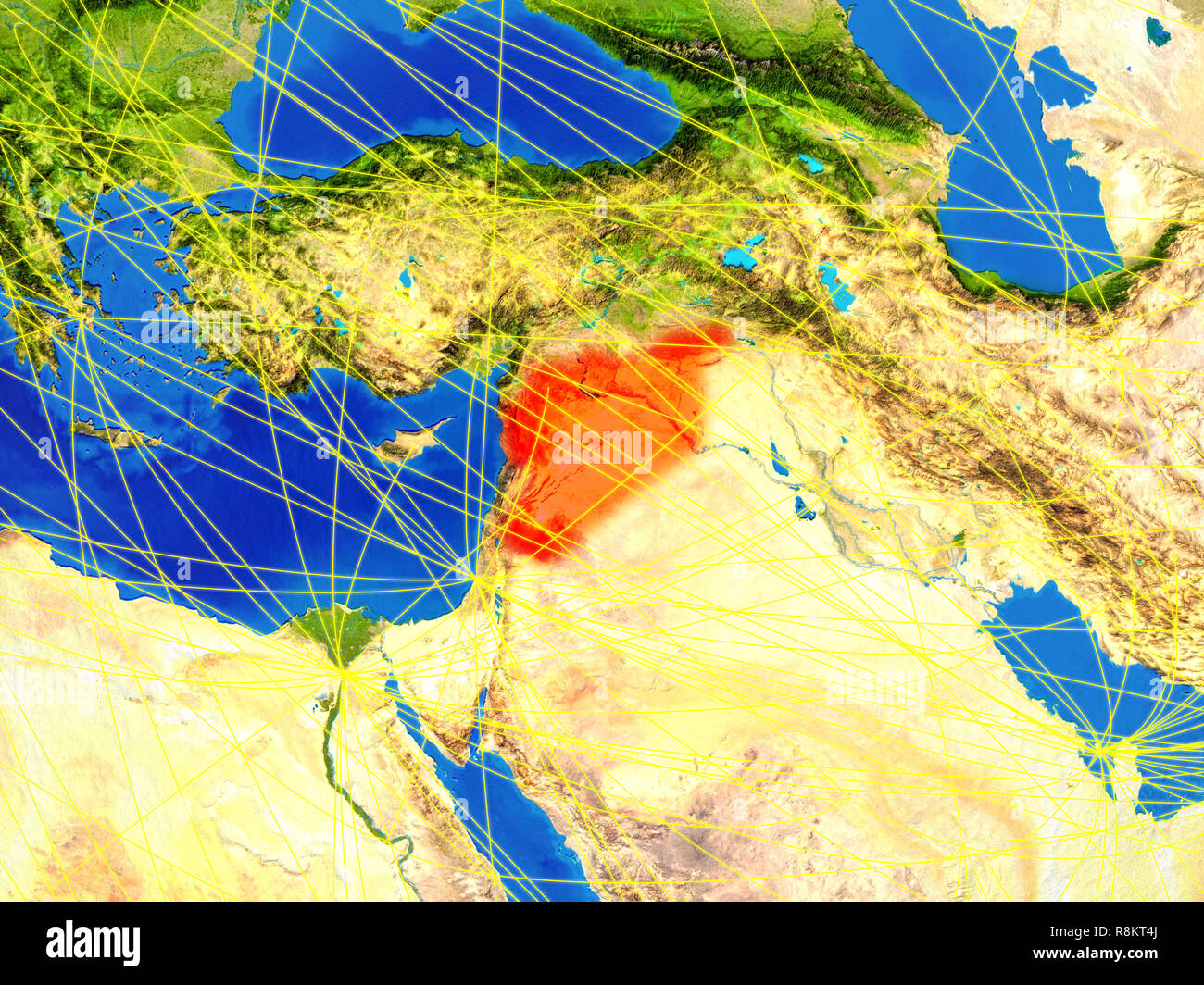 Syria from space on model of planet Earth with networks. Detailed ...