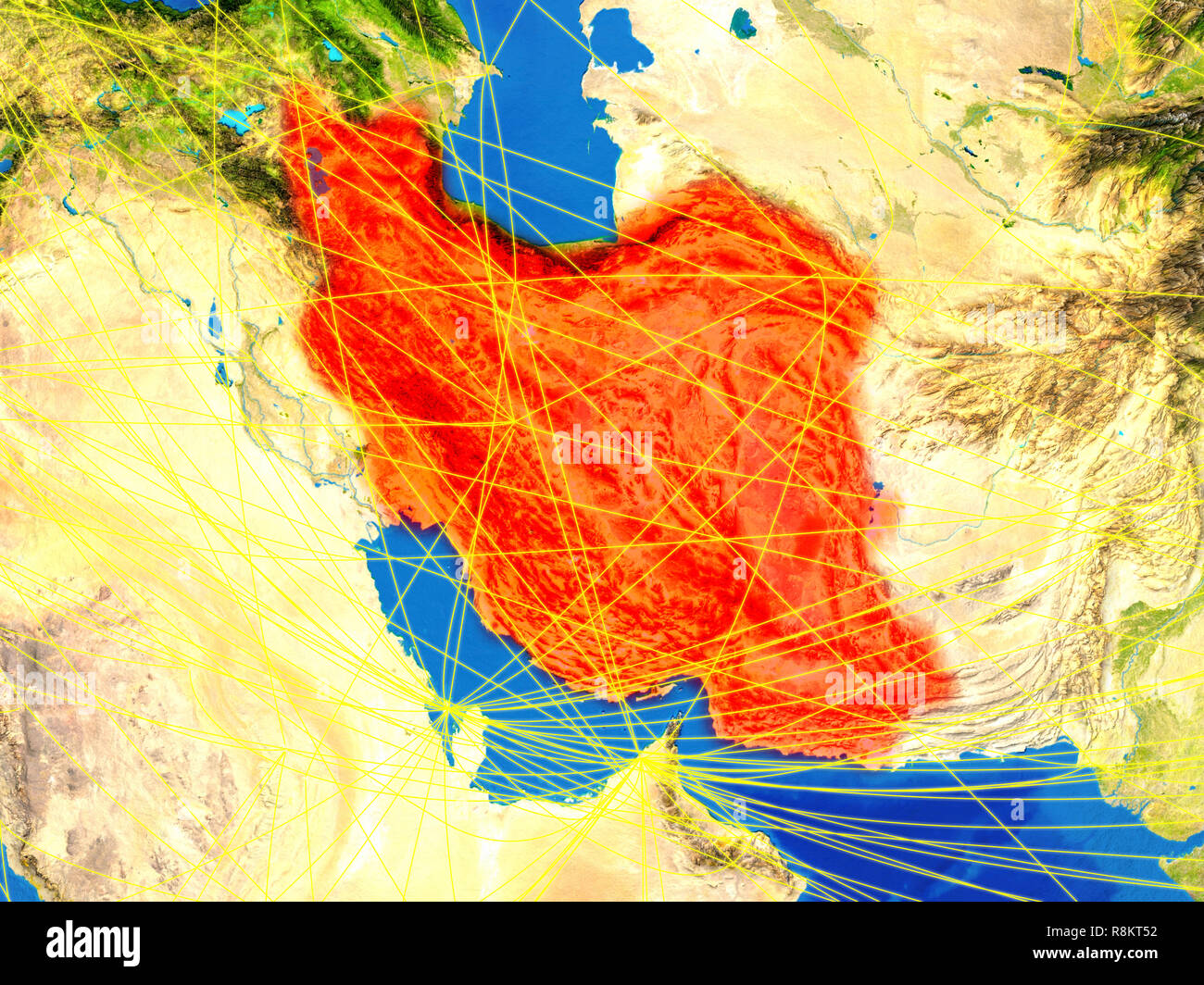 Iran from space on model of planet Earth with networks. Detailed planet ...
