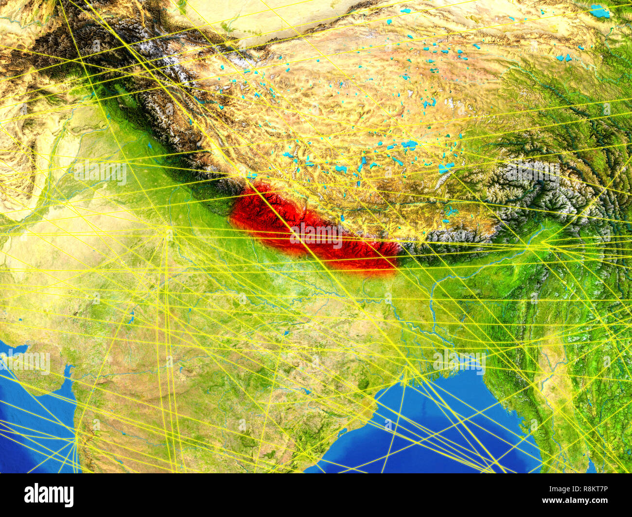 Nepal from space on model of planet Earth with networks. Detailed ...
