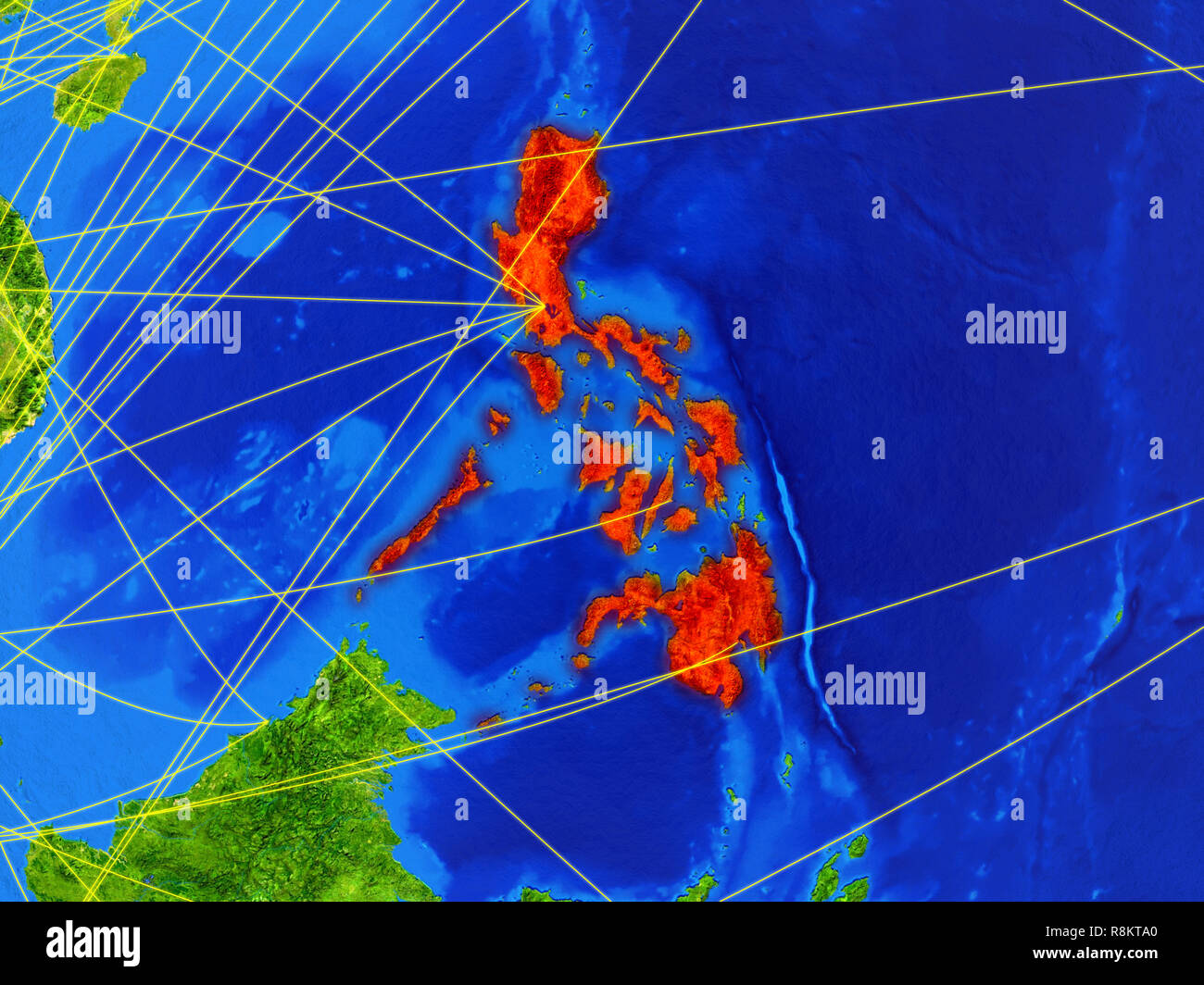 Philippines from space on model of planet Earth with networks. Detailed ...