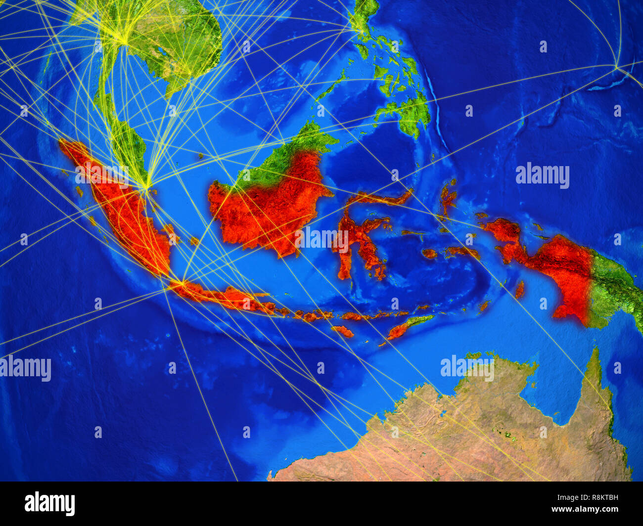 Indonesia from space on model of planet Earth with networks. Detailed ...