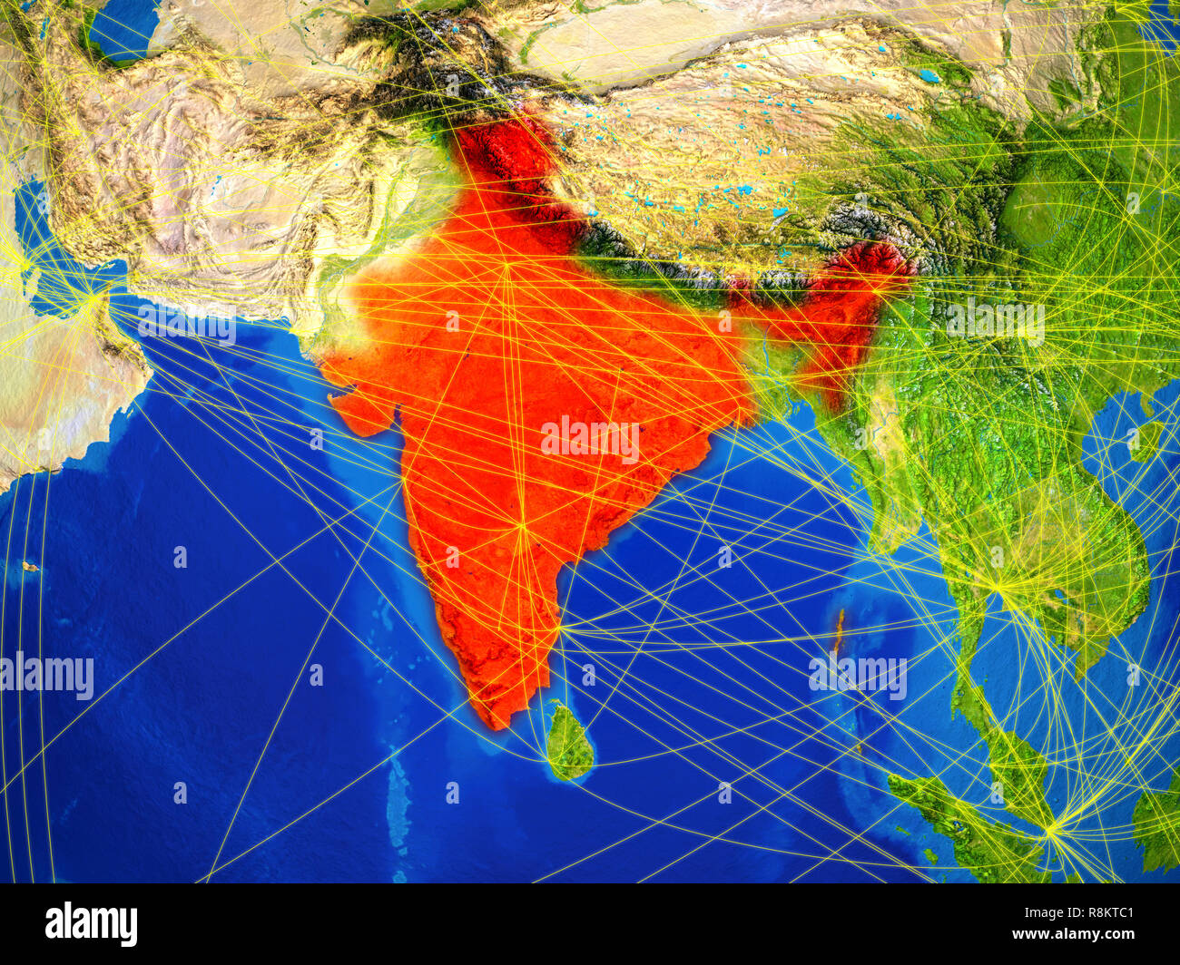 India from space on model of planet Earth with networks. Detailed ...