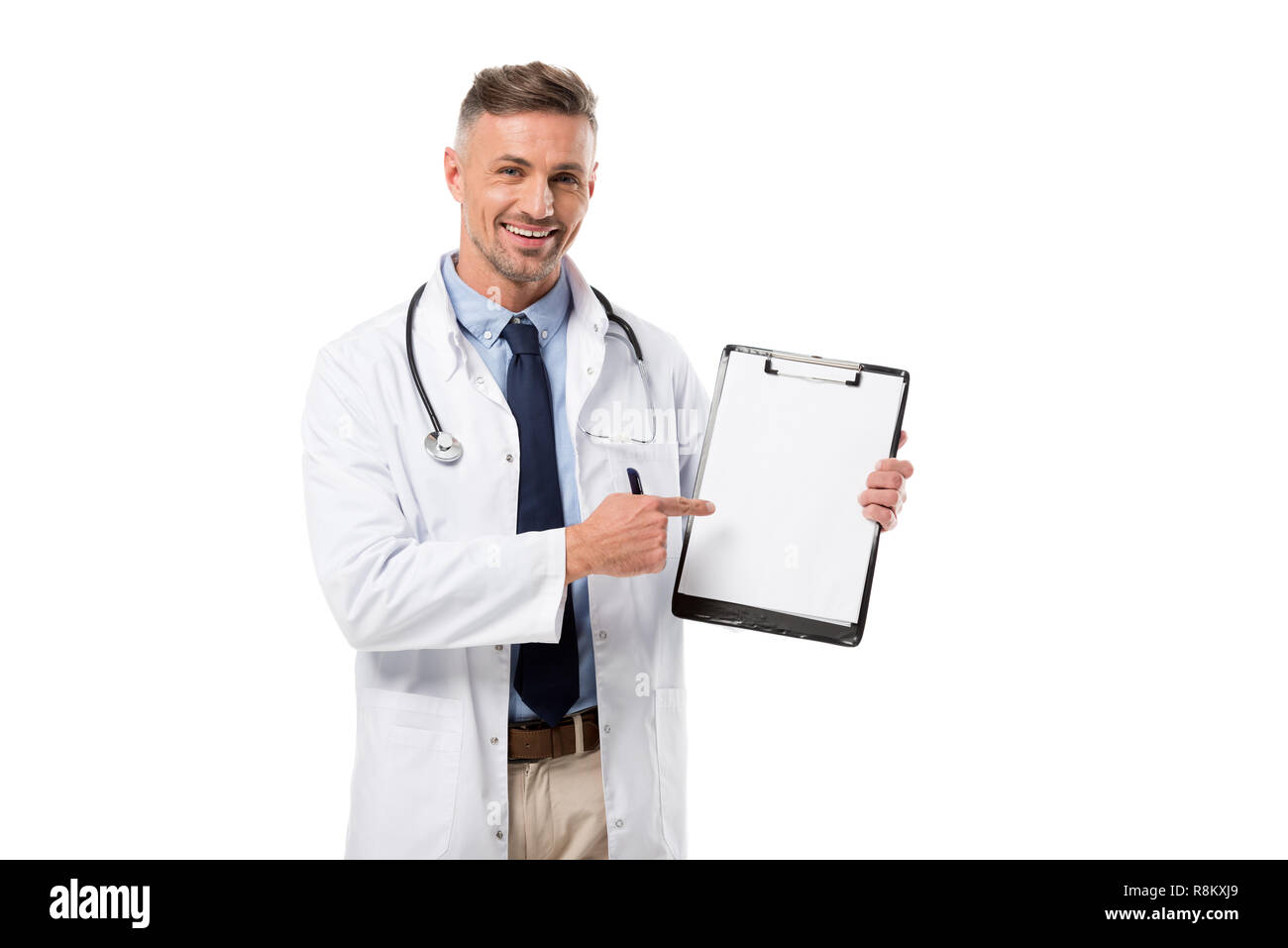 smiling doctor pointing with finger at diagnosis isolated on white ...