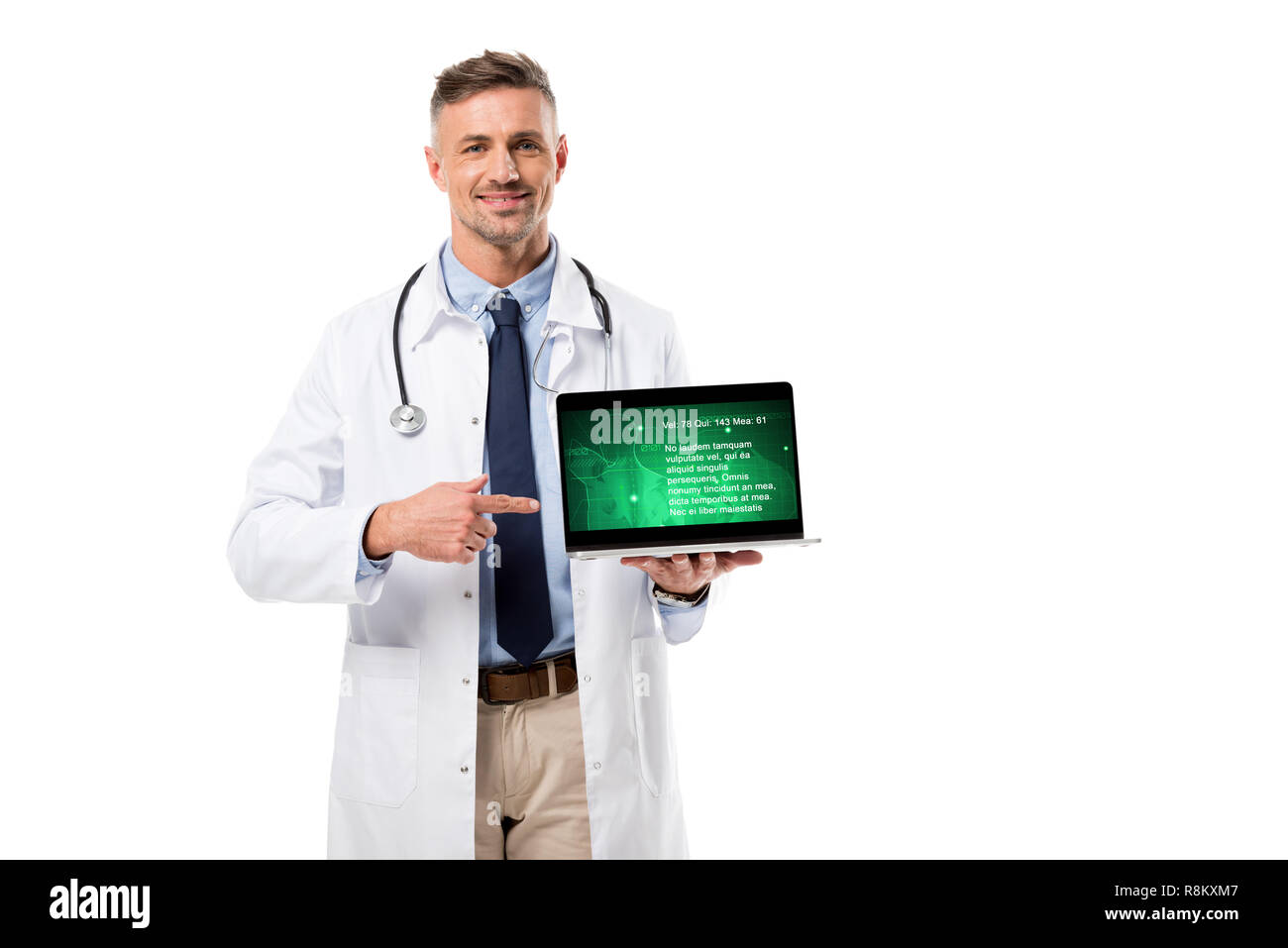 handsome doctor pointing at laptop with health data on screen isolated ...