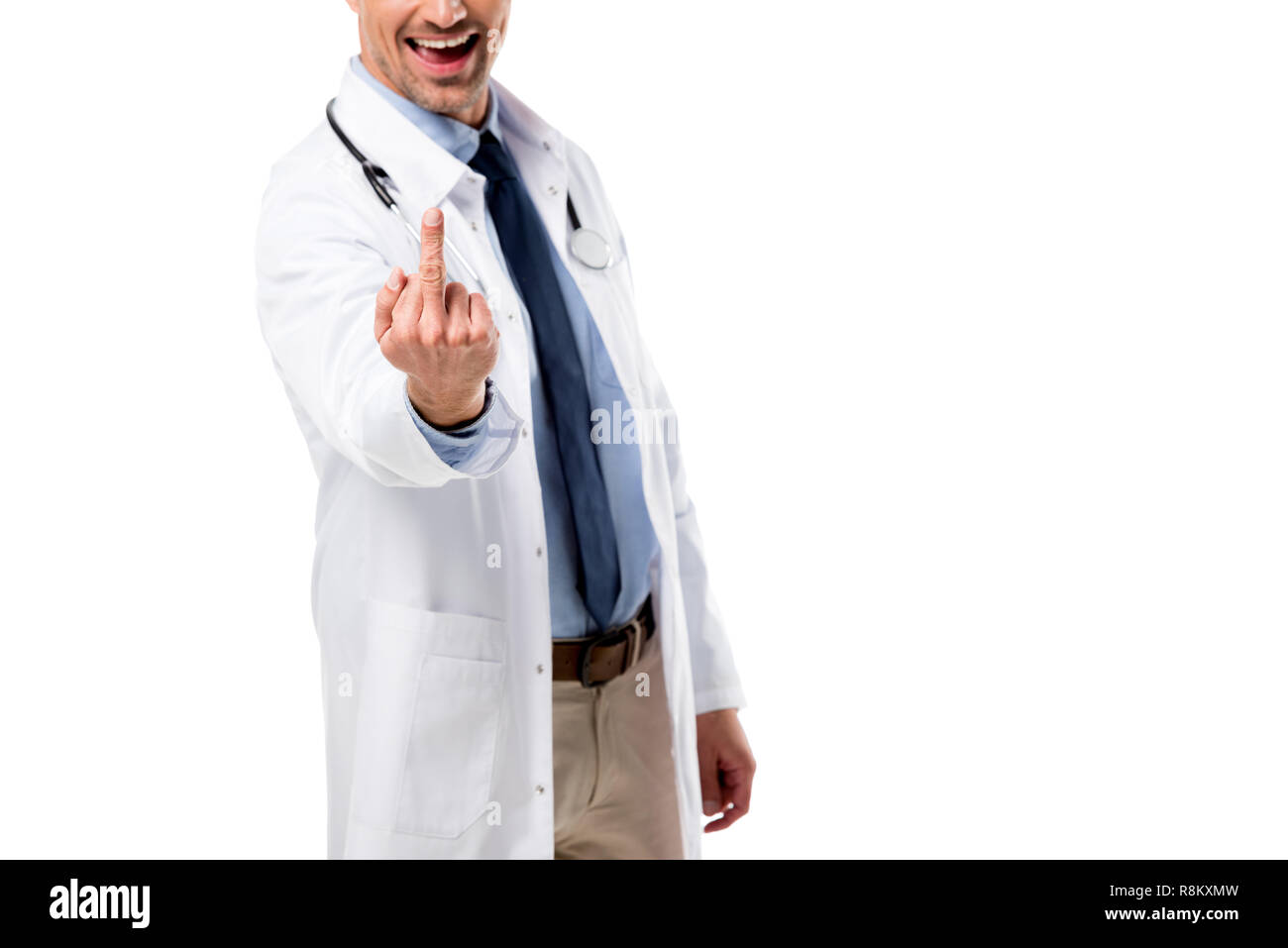 cropped view of doctor showing middle finger isolated on white Stock ...