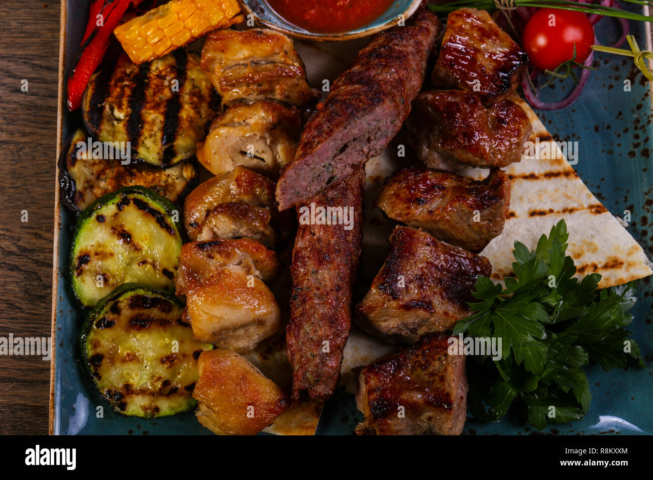 Grilled plate mix assortment meat Stock Photo - Alamy