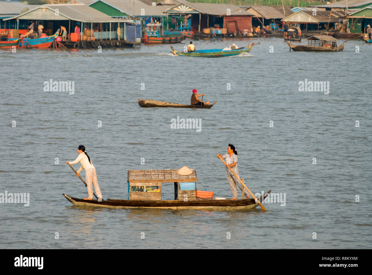 Cambodia, Kampong Chhnang, Tonle Sap River, Morning activity on the ...