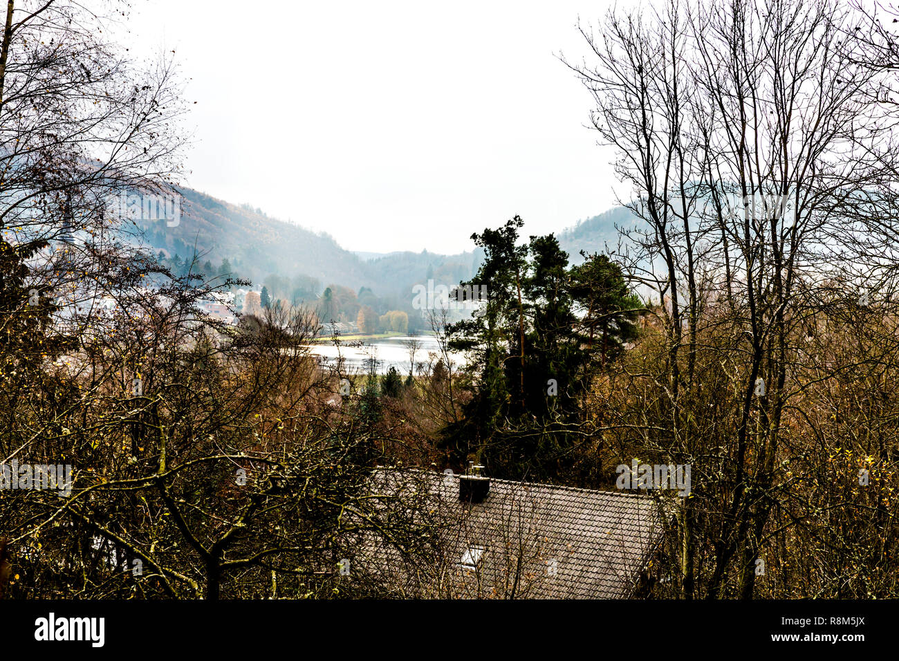 beautiful panoramic view of the Doyards lake in in Vielsalm from a hill ...