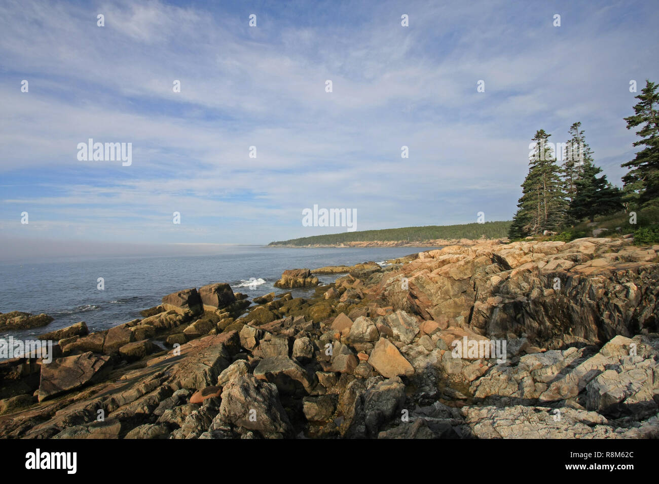 The rugged coast of Acadia National Park, Maine, bathed in early ...