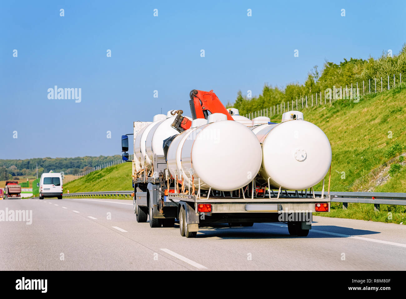 Truck with cistern in the highway road in Slovenia. Lorry transport ...