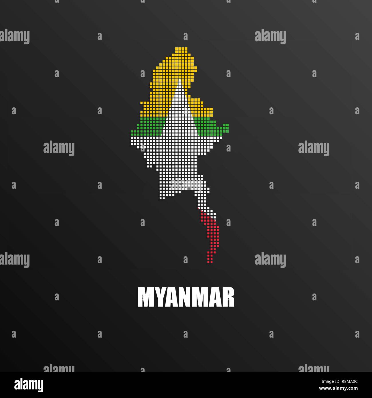 Vector illustration of abstract halftone map of Myanmar made of square pixels with Myanmar ...