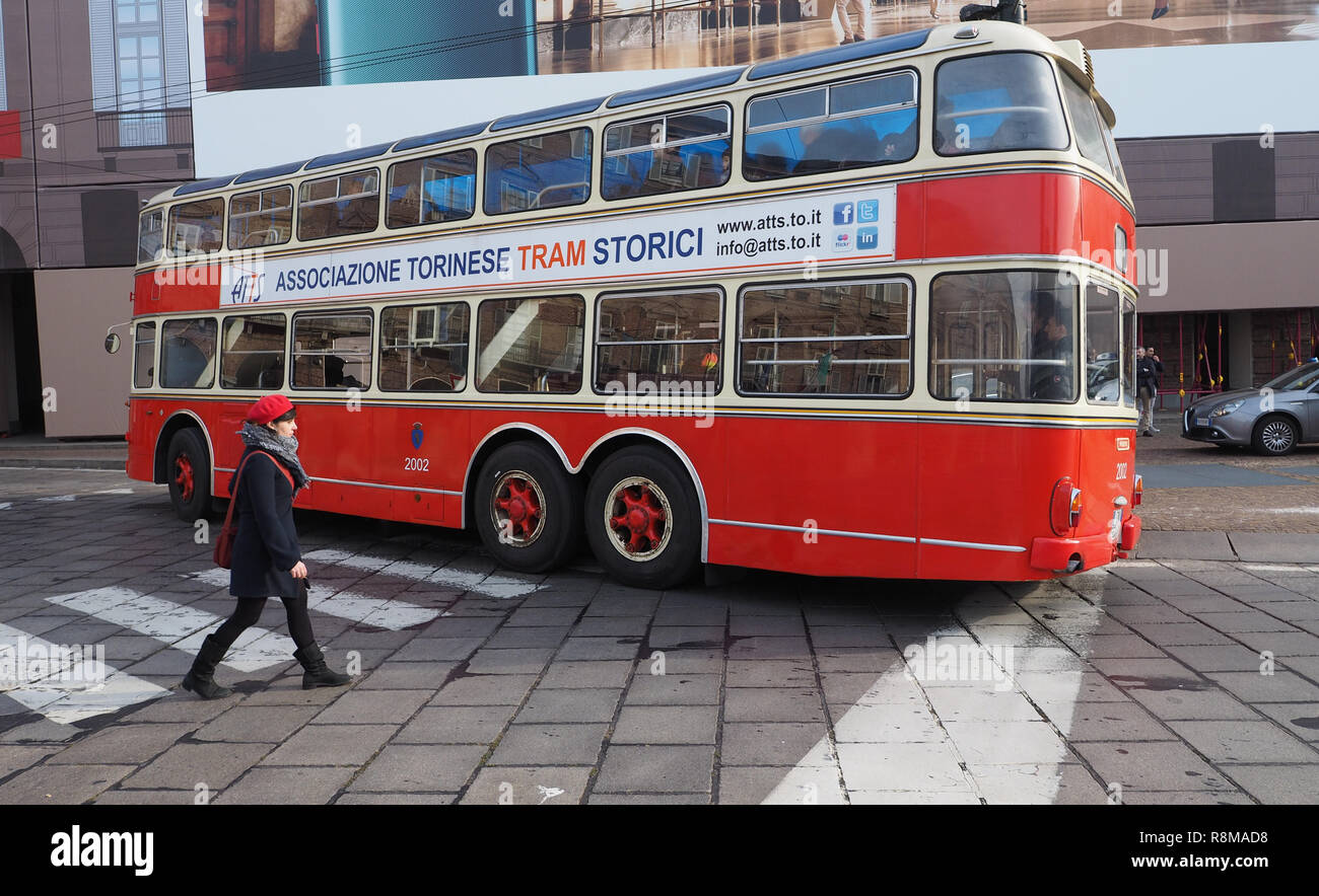TURIN, ITALY - CIRCA DECEMBER 2018: Red double decker bus Viberti CV61 ...