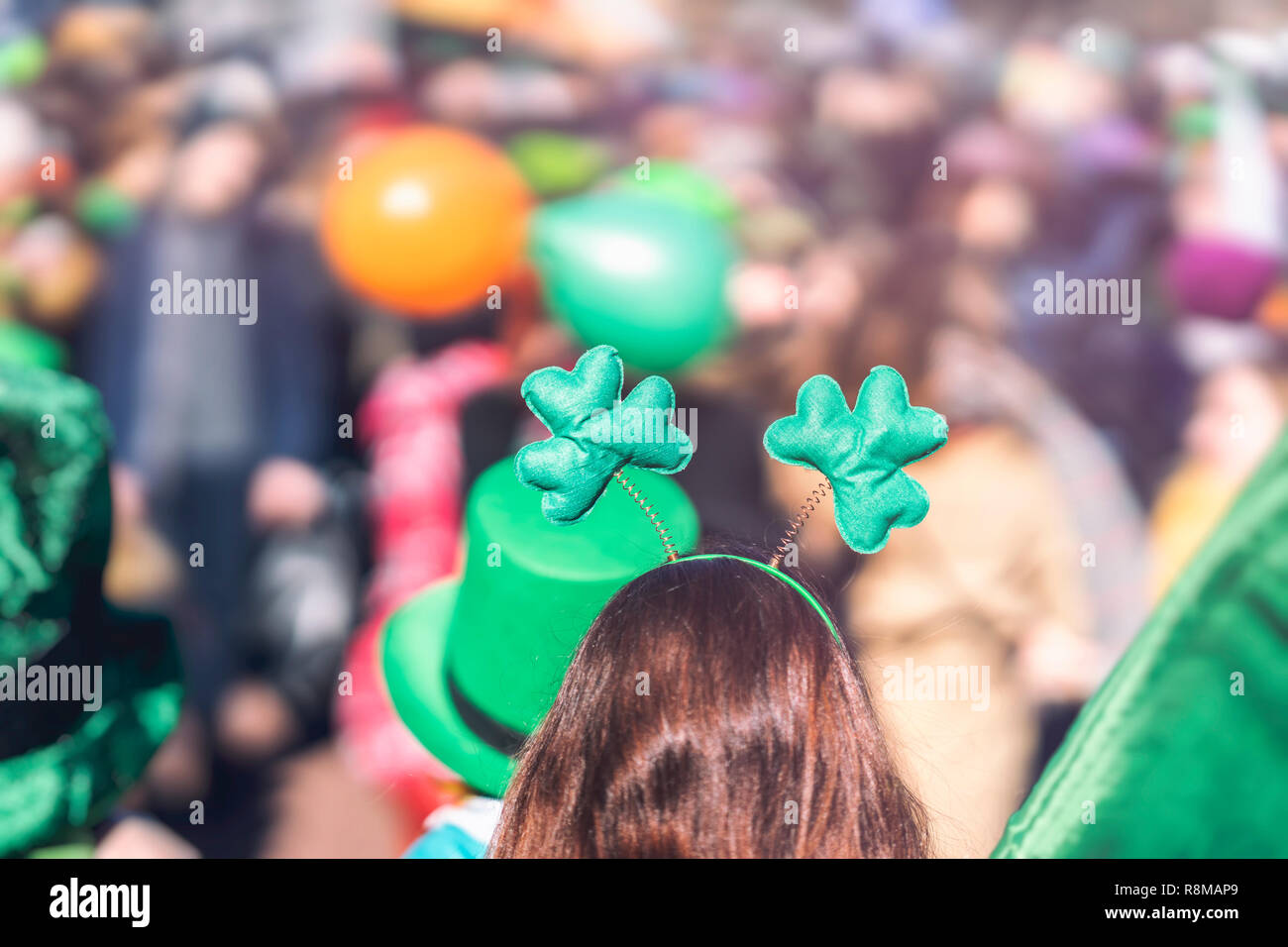 Clover head decoration on head of girl close-up. Saint Patrick day ...