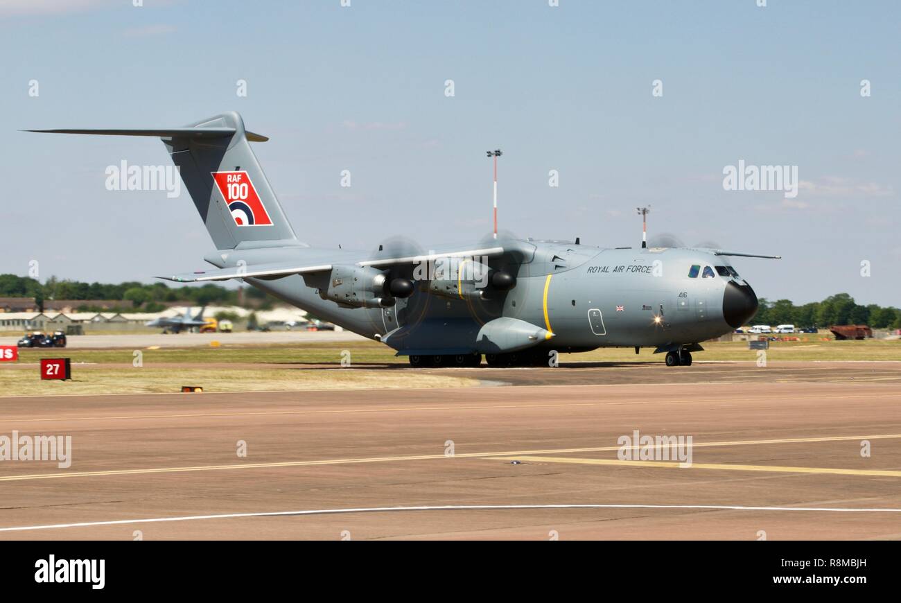 Royal Air Force Airbus A400M Atlas taxiing on the runway at RAF Fairford to take part in the ...