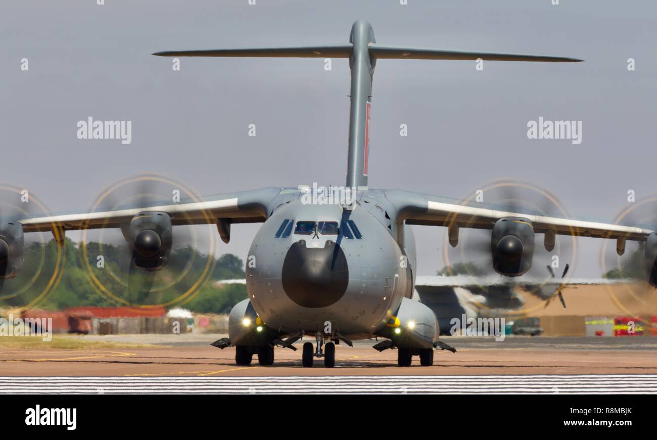 Royal Air Force Airbus A400M Atlas taxiing on the runway at RAF Fairford to take part in the ...