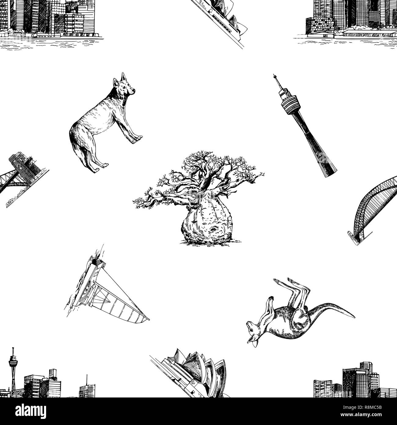 Seamless pattern of hand drawn sketch style Australia themed objects ...