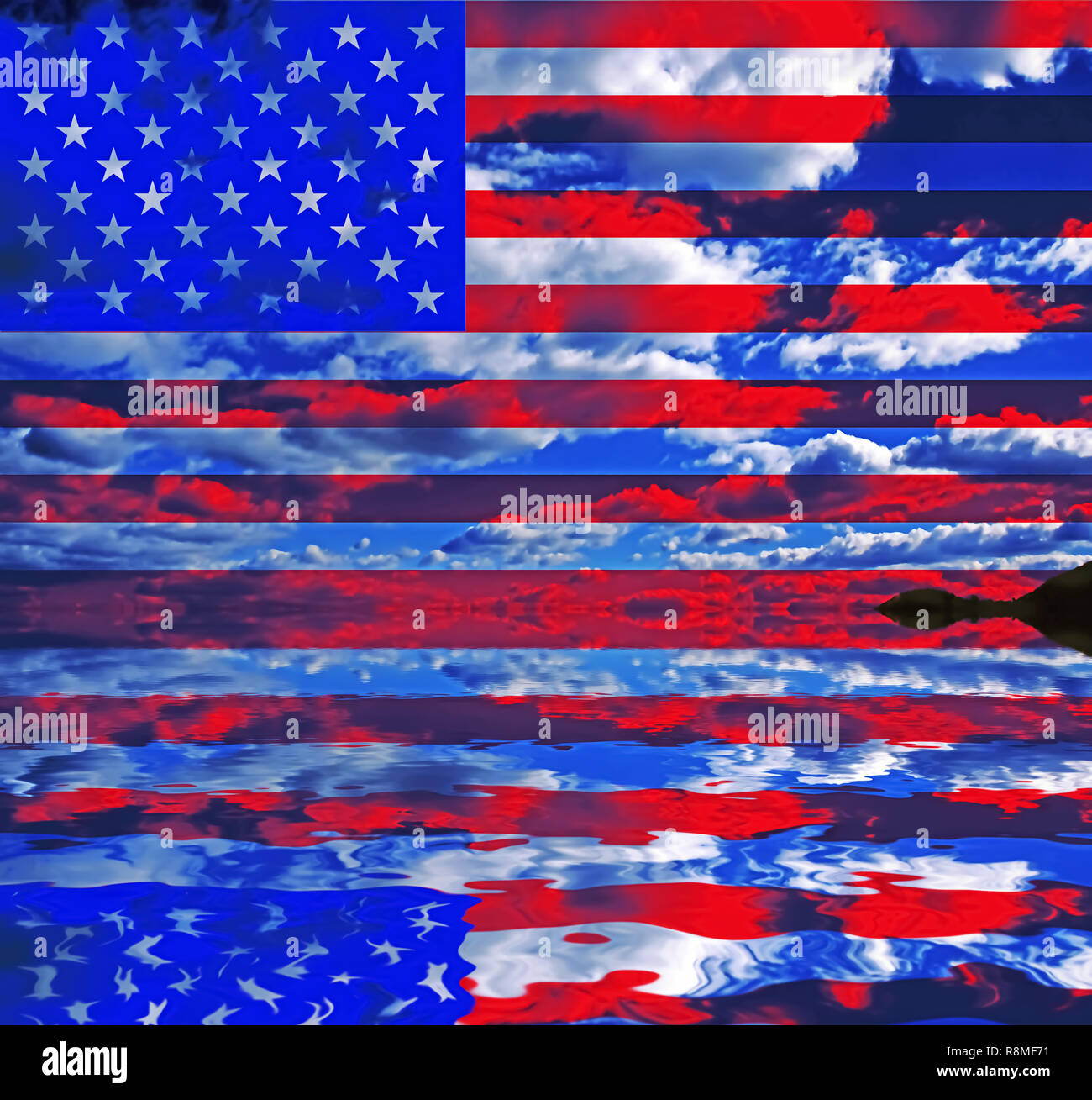 Surreal digital art. USA Flag over clouds reflected in the water Stock ...